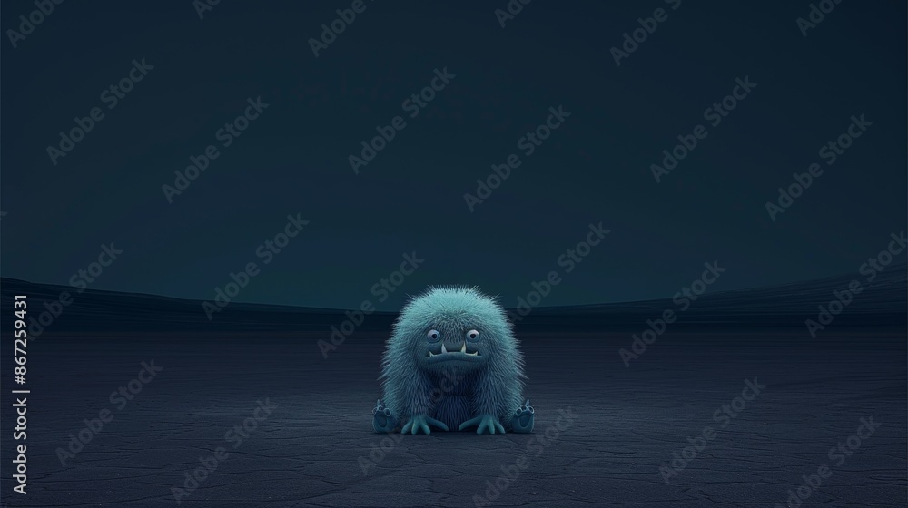 Small, furry creature with glowing outline stands alone in vast, dark ...