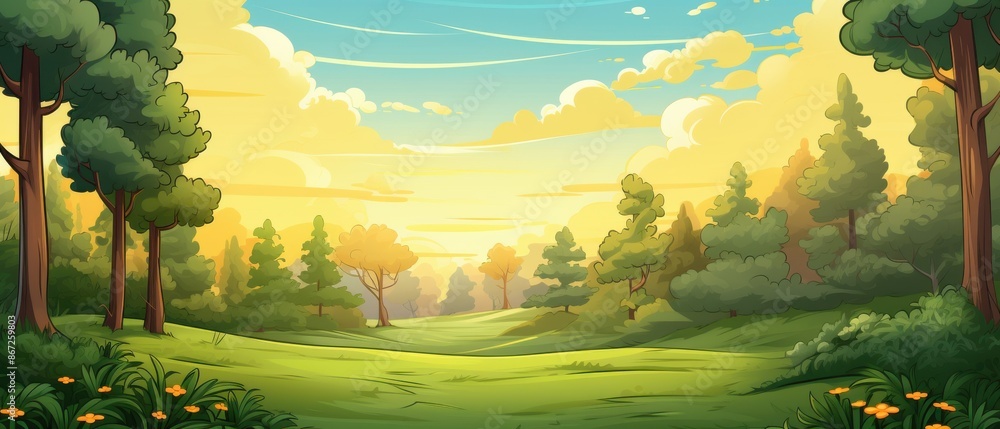 Cartoon Forest Landscape with Lush Green Grass, Trees and a Bright Sky ...