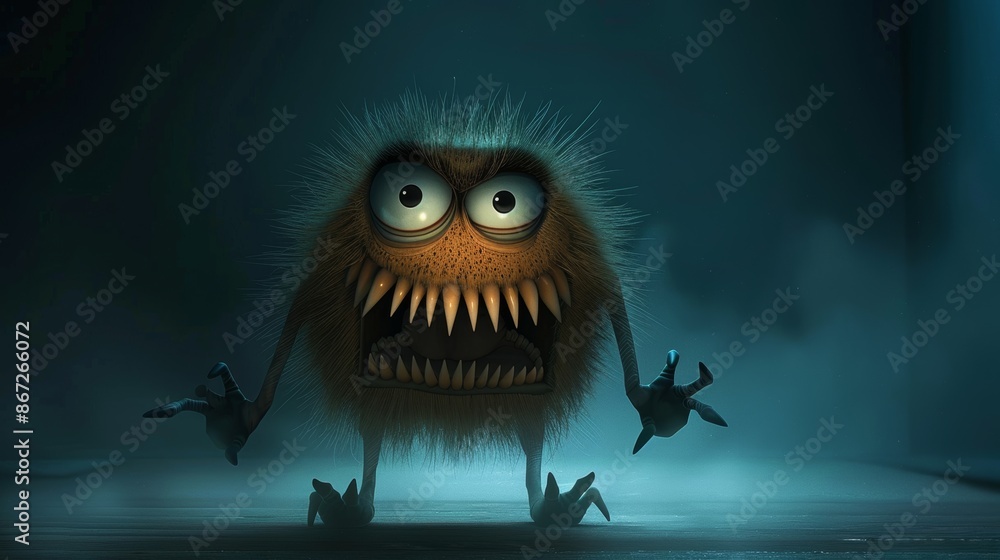 Round, furry creature with enormous glowing eyes and a wide, toothy ...