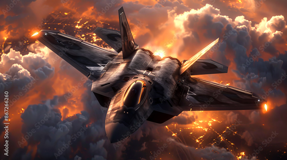 Modern technology fifth generation stealth fighter jet soaring high in ...