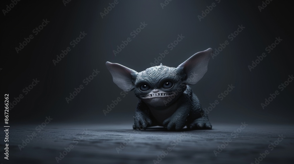 Sinister bat-eared creature emerges from darkness. Wrinkled skin ...