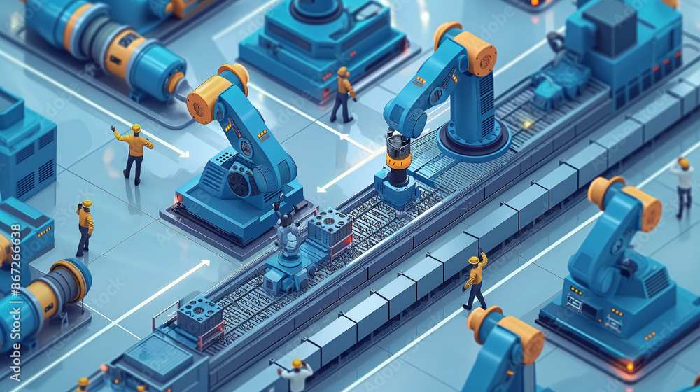 3D rendering of industrial robots with conveyor belts in a ...