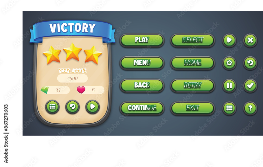 Vector green theme premium game UI kit. Set of victory menu scene pop up, icons, and buttons ...
