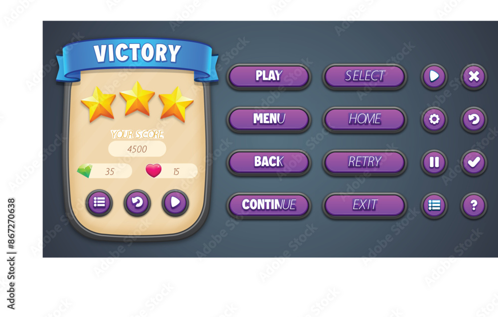 Vector purple theme premium game UI kit. Set of victory menu scene pop ...