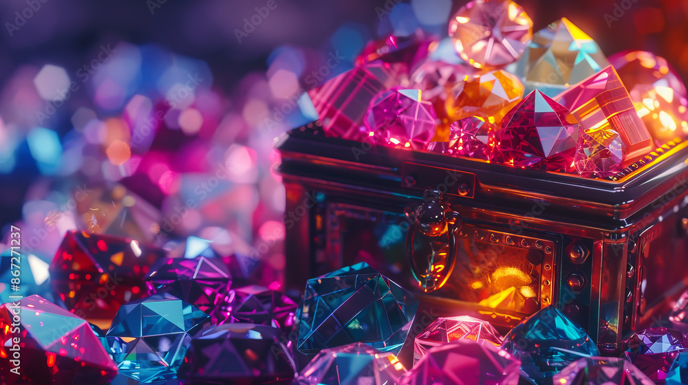 A stylized pixel art treasure chest overflowing with jewels morphs into ...