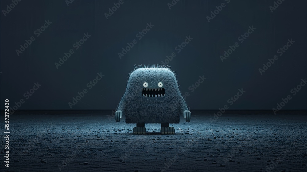 Square-shaped creature with glowing eyes emerges from dark depths. Tiny ...