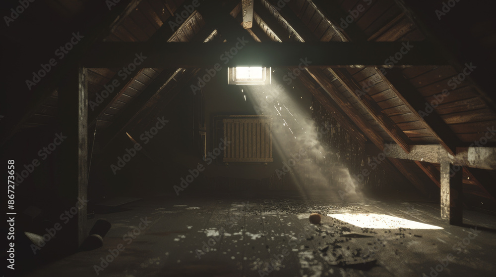 A dark vintage photograph of a forgotten attic illuminated by a single ... A dark vintage photograph of a forgotten attic illuminated by a single ...