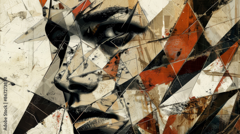 A cubist portrait with fractured angles and geometric shapes morphs ...