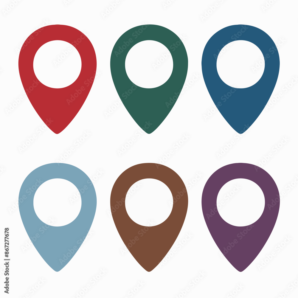 Six location markers, each in a distinct color. These markers are ...