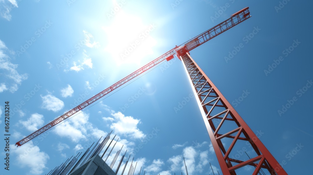 Dynamic scene of a crane at work, urban construction site, rising ...