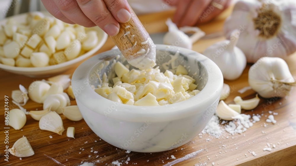 Using a mortar and pestle to crush fresh garlic cloves to add into the ...