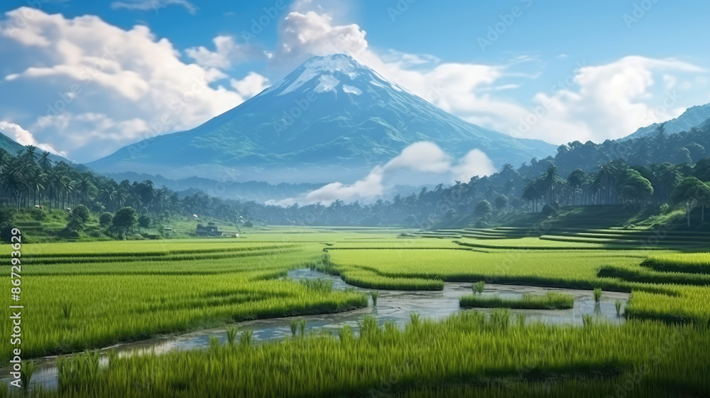Panoramic landscape of Indonesian rice field terraces on a mountain ...