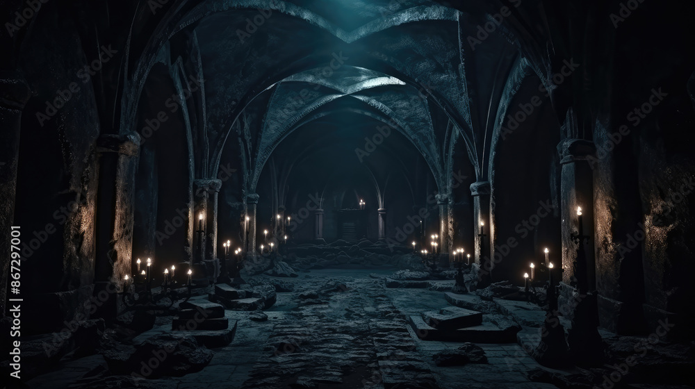 Fantasy Scary endless medieval catacombs with torches. Mystical ...