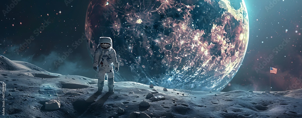 An artistic depiction of the moon landing, featuring an astronaut ...