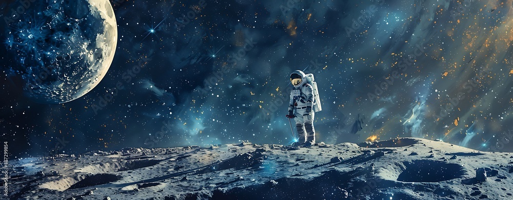 An artistic depiction of the moon landing, featuring an astronaut ...