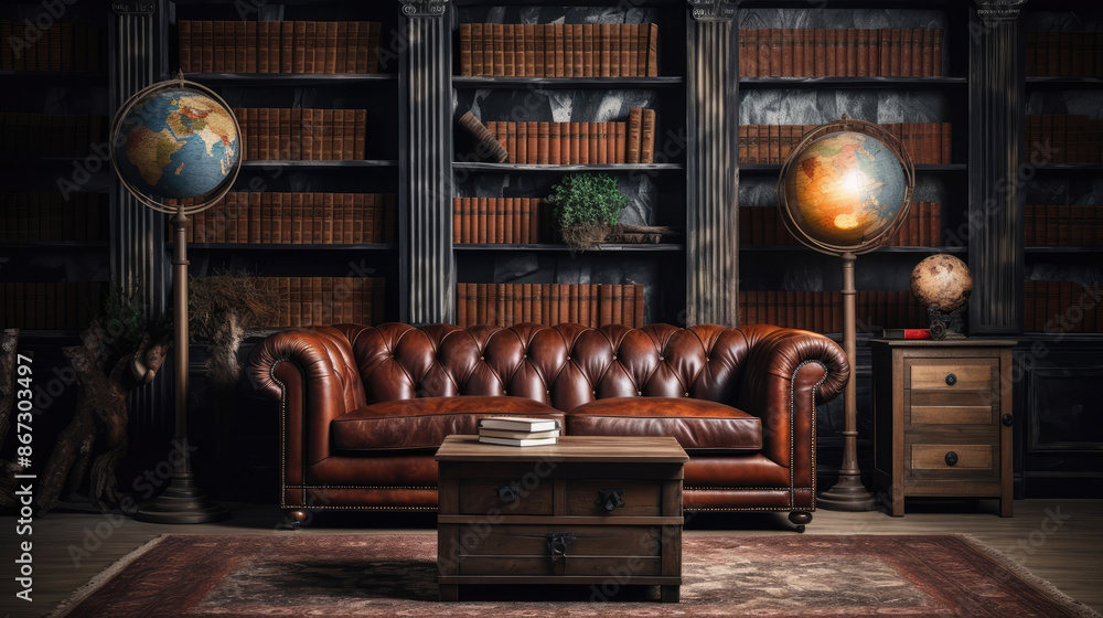 Old vintage classic interior with leather sofa, library, wood table ...