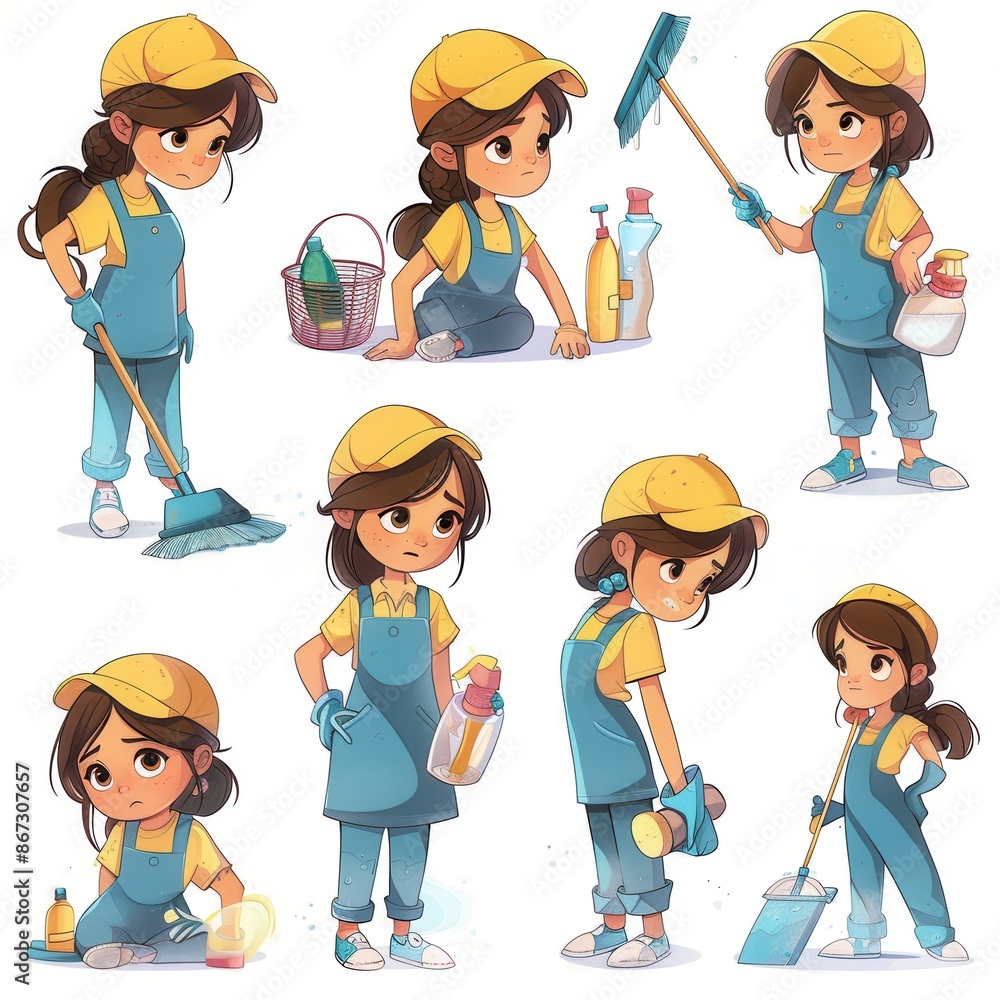 cleaning lady character, wore proffesional uniform, mutiple poses ...