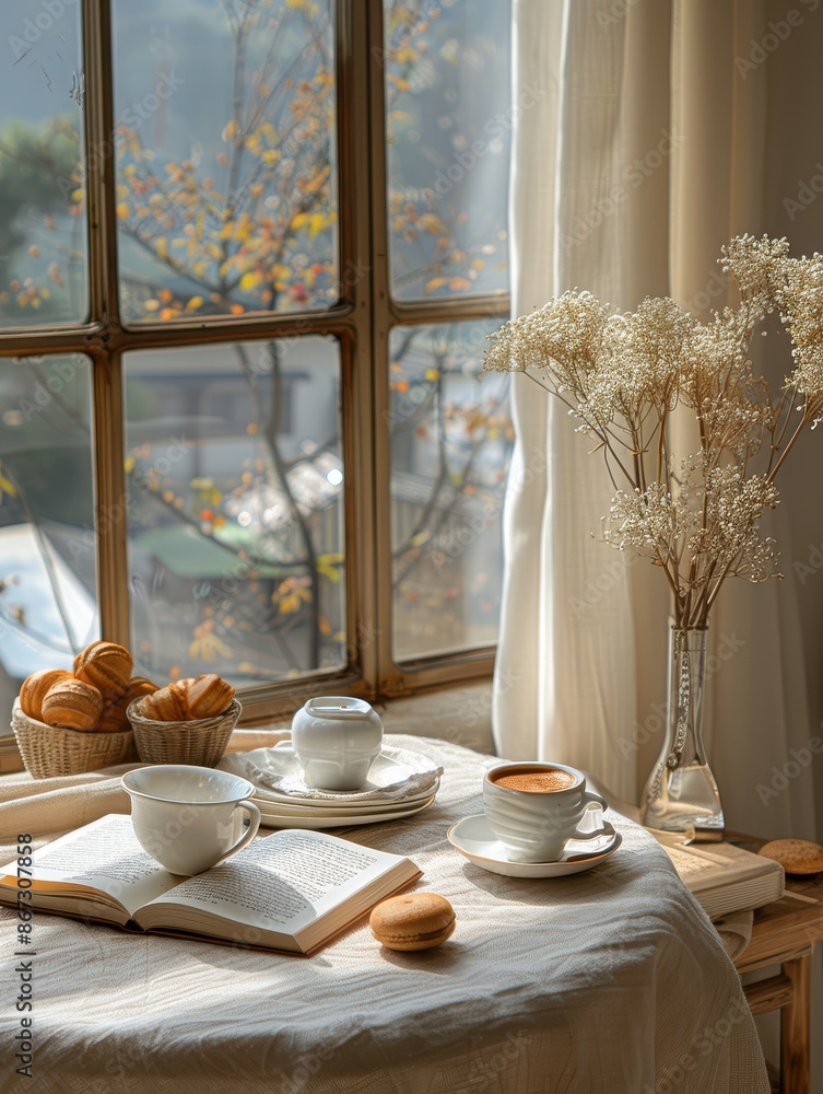 coffee, snacks and an opened book on a coffee table at a window, dreamy ...