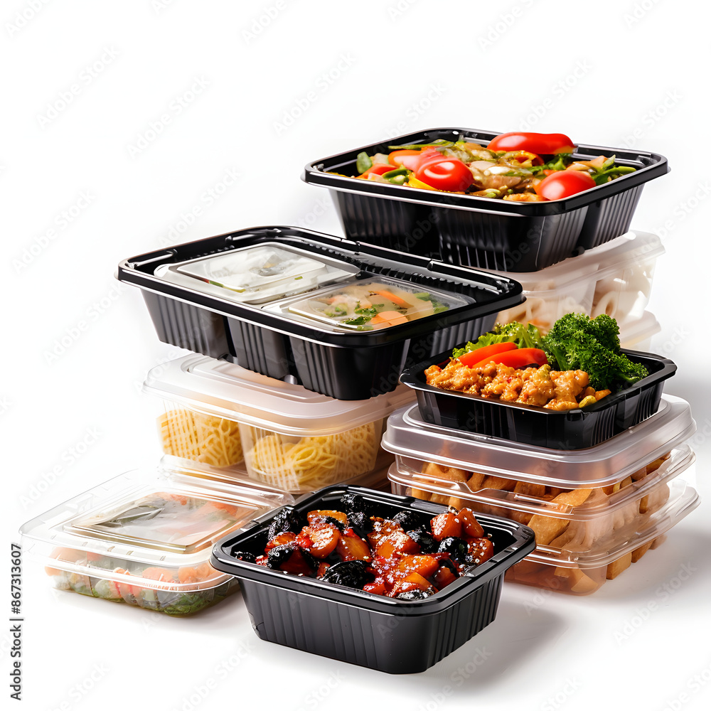 open and closed plastic disposable takeaway containers with various ...