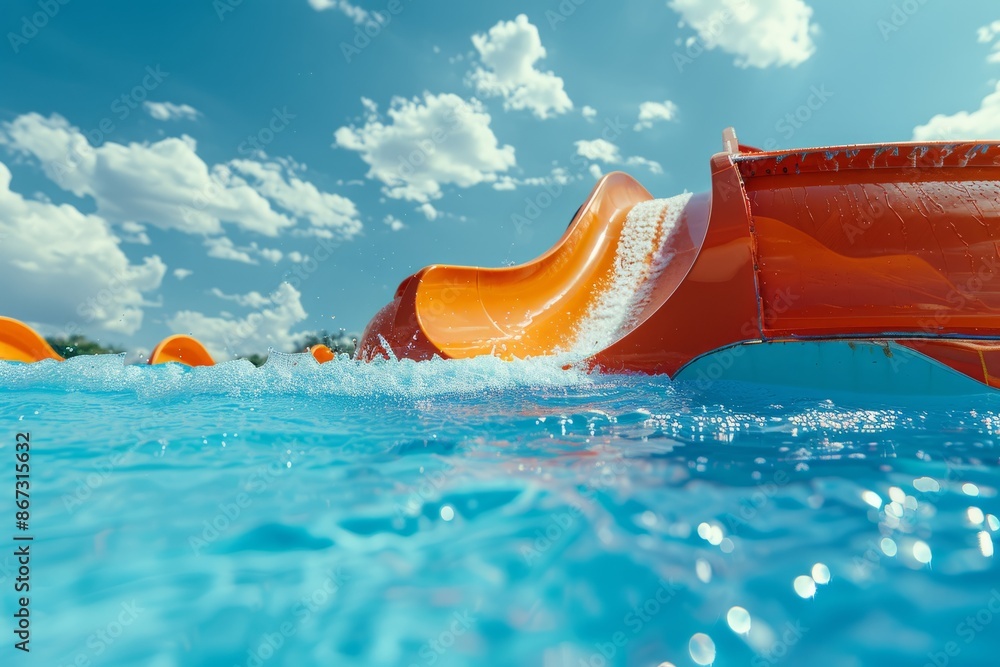 An eye-catching banner of an orange water slide ending in a bright blue ...
