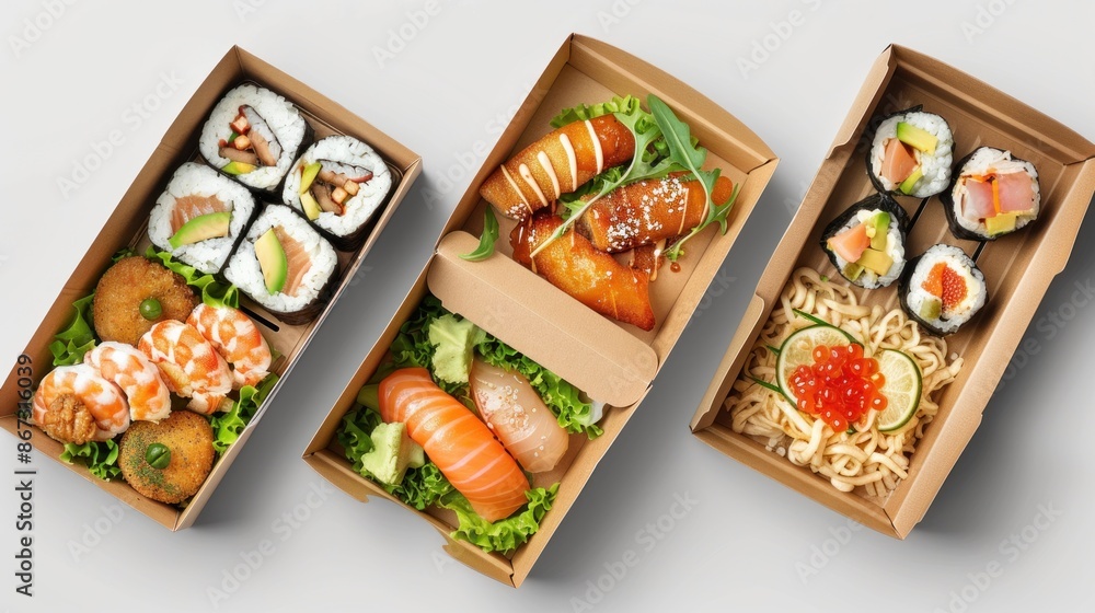 Collection delicious food menus boxes ready to eat on a white ...