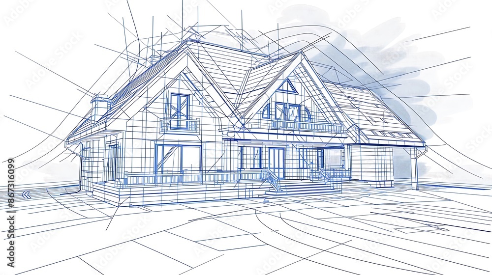 A blueprint of an architectural house, with detailed construction ...