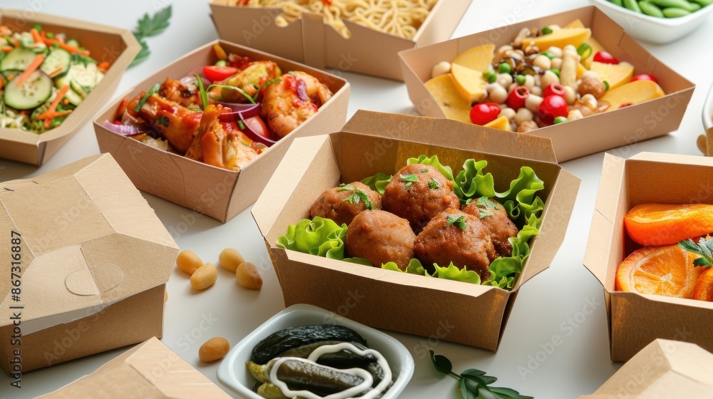 Collection delicious food menus boxes ready to eat on a white ...