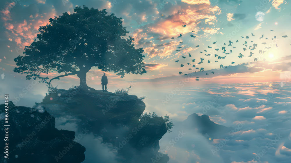 Surreal dream scenes. A man standing under a tree, on an island that ...