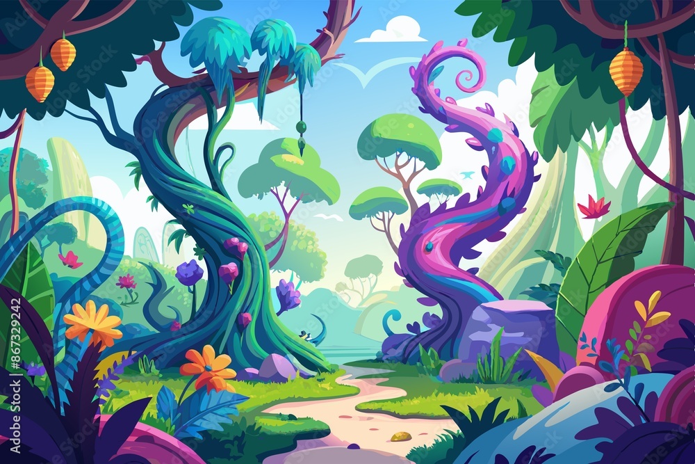 Vibrant illustration of enchanted forest with twisting vines and ...