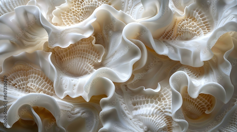 Smooth, white seashells nestled together in wavy, interlocking clusters ...