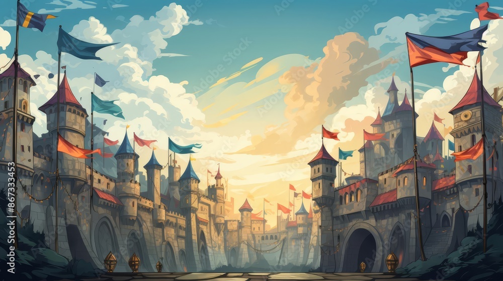 battlements with medieval flags castle background flat design side view ...