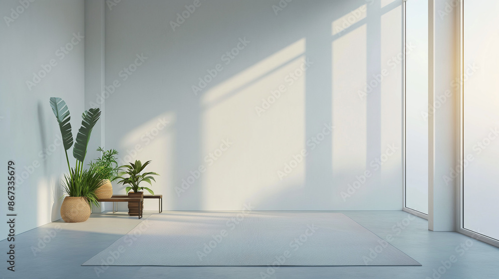 Minimalist Yoga Studio Background with Big Wall and some decor Stock ...