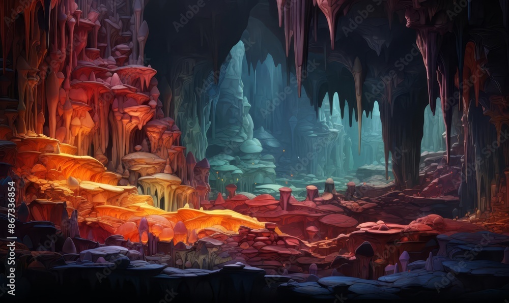 Cave scene with stalactites, flat design, side view, natural wonder ...