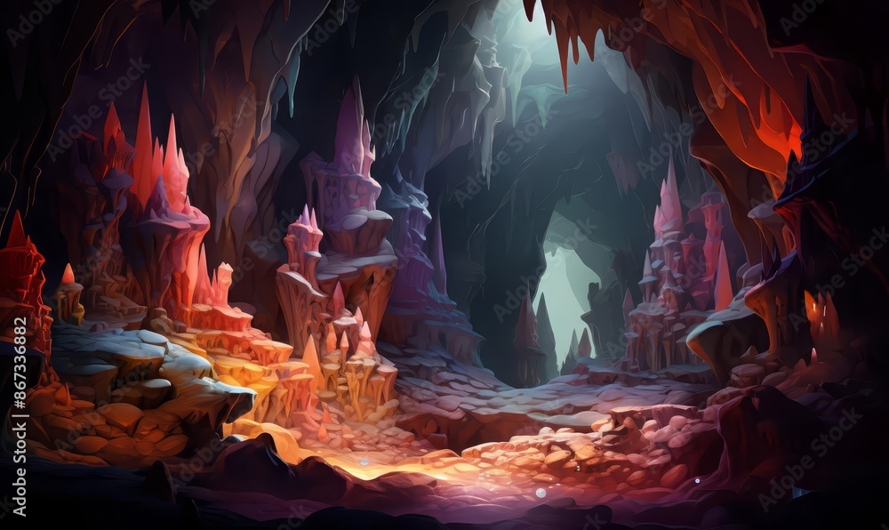 Cave scene with stalactites, flat design, side view, natural wonder ...