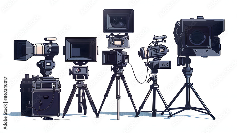 video cameras on the set, backstage movie scenes isolated on white ...