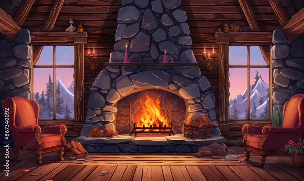 cozy fireplace in lodge background flat design top view rustic retreat ...