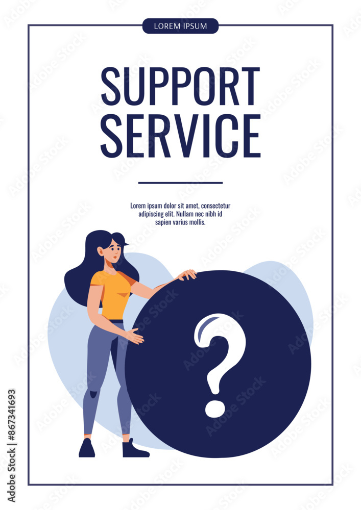 Flyer design with woman with huge question icon. Flat style vector ...