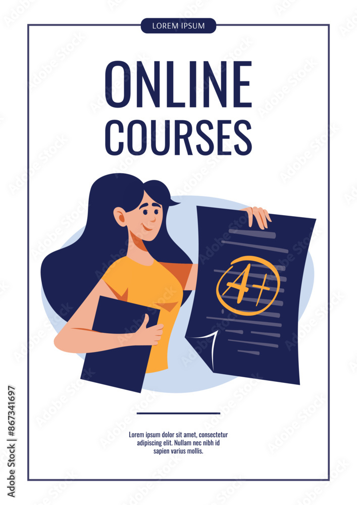 Flyer design with woman with written sheet with great grade mark ...