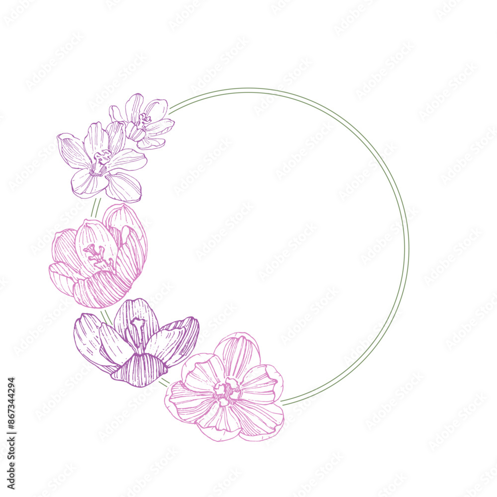 Flower circle frame. Hand drawn round line border, leaves and flowers ...