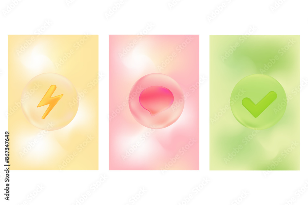Cute yellow, green, pink color icon set with speech bubble, energy ...