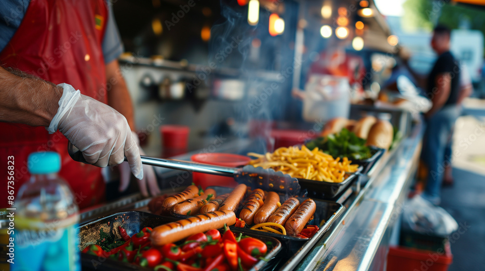 Foto de Photo of a food truck cook at work, cooking hot dogs and other ...