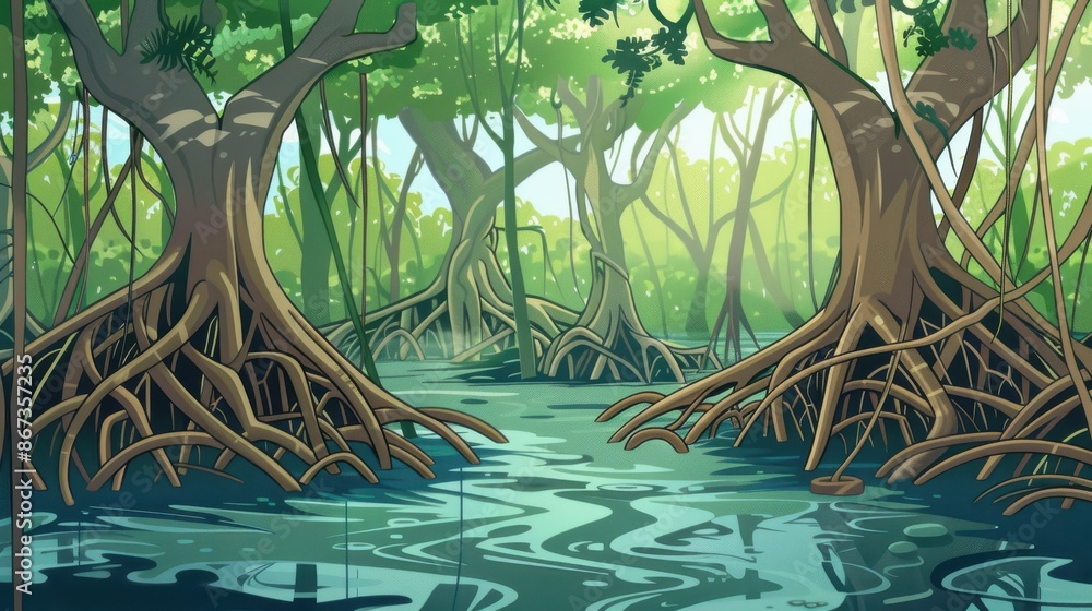 Cartoon illustration of a mangrove forest with lush green trees and ...