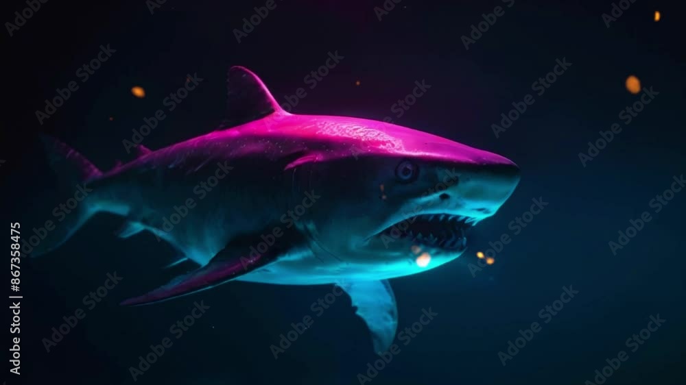 In the deep blue sea, a great white shark with glowing red gills and ...