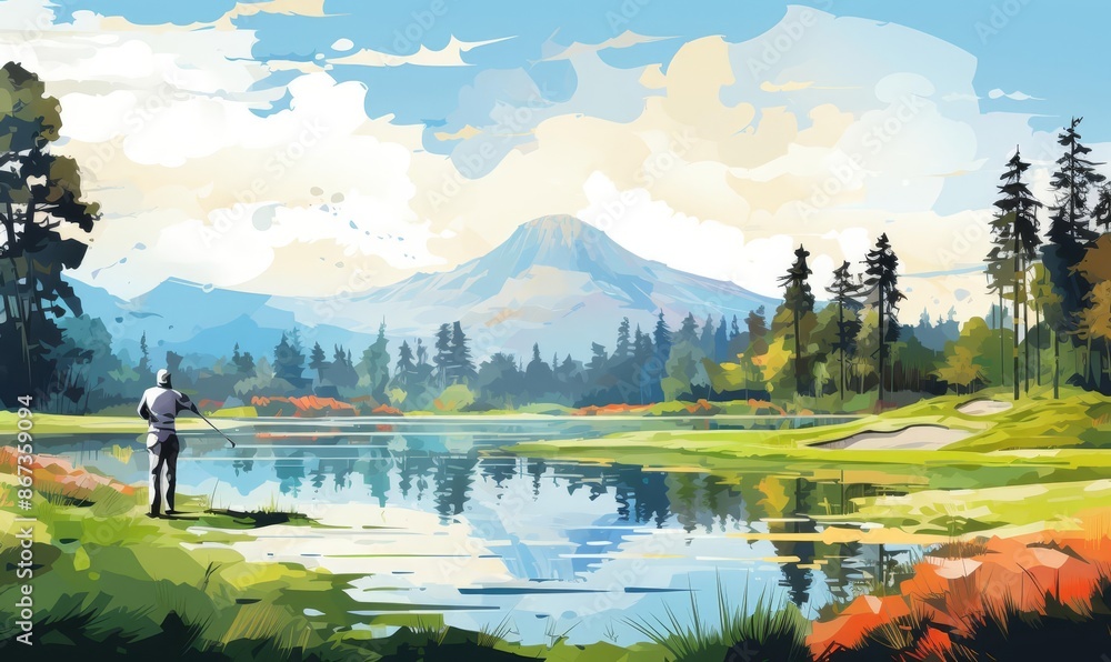 Golf course background with golfer swinging, flat design, top view ...