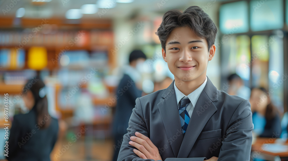 Handsome Asian male high school student wearing a uniform smiling and ...