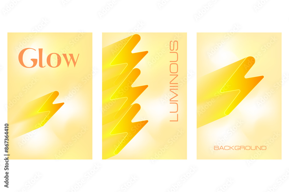 Cute colorful yellow energy lightening bolt icon poster set. Smooth 3d ...