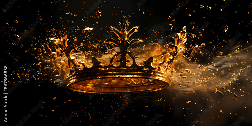 Shattering golden royalty queen crown. Blasting fiery background ...