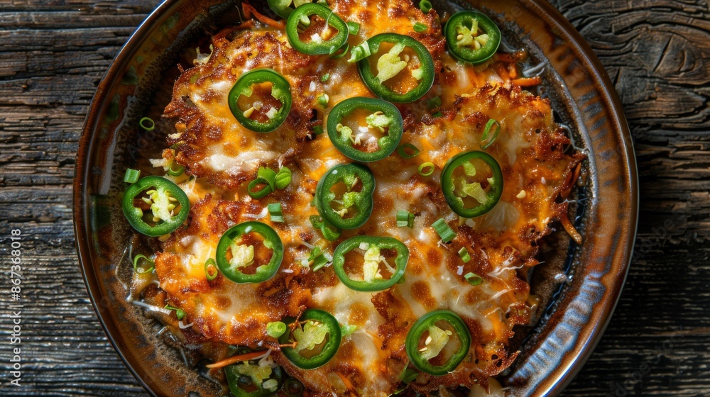 A top-down view of a plate of spicy hashbrowns with jalapeno and ...
