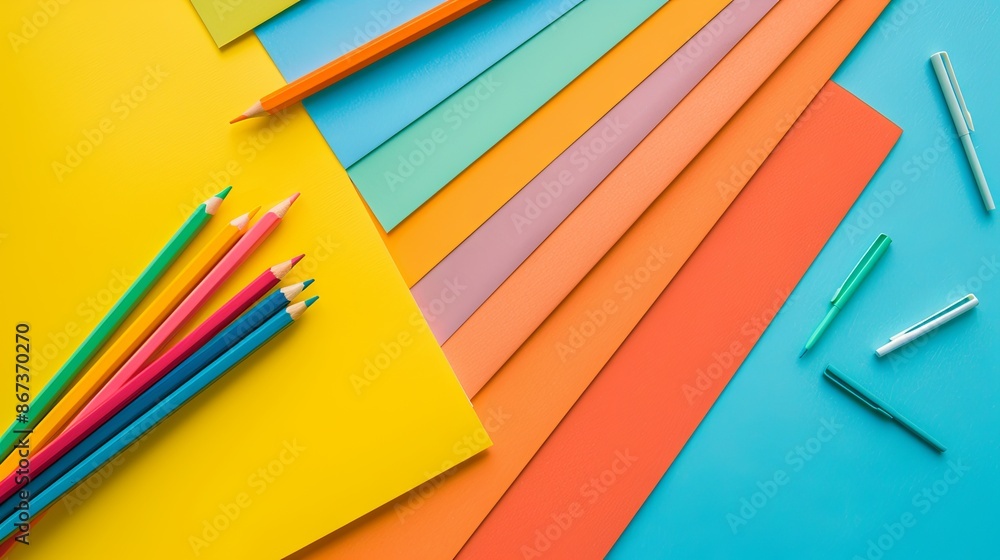 School background with colored paper and colored pencils Stock ...
