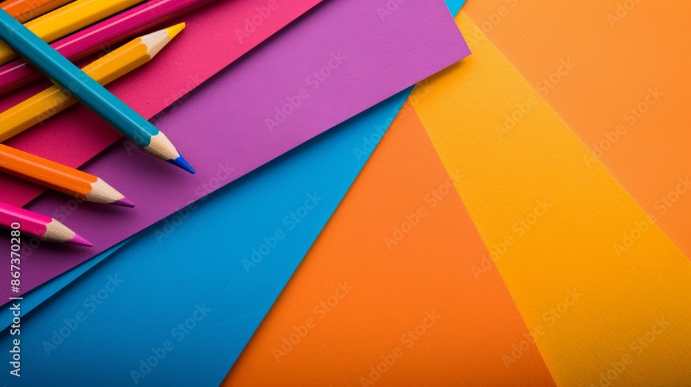 School background with colored paper and colored pencils Stock ...
